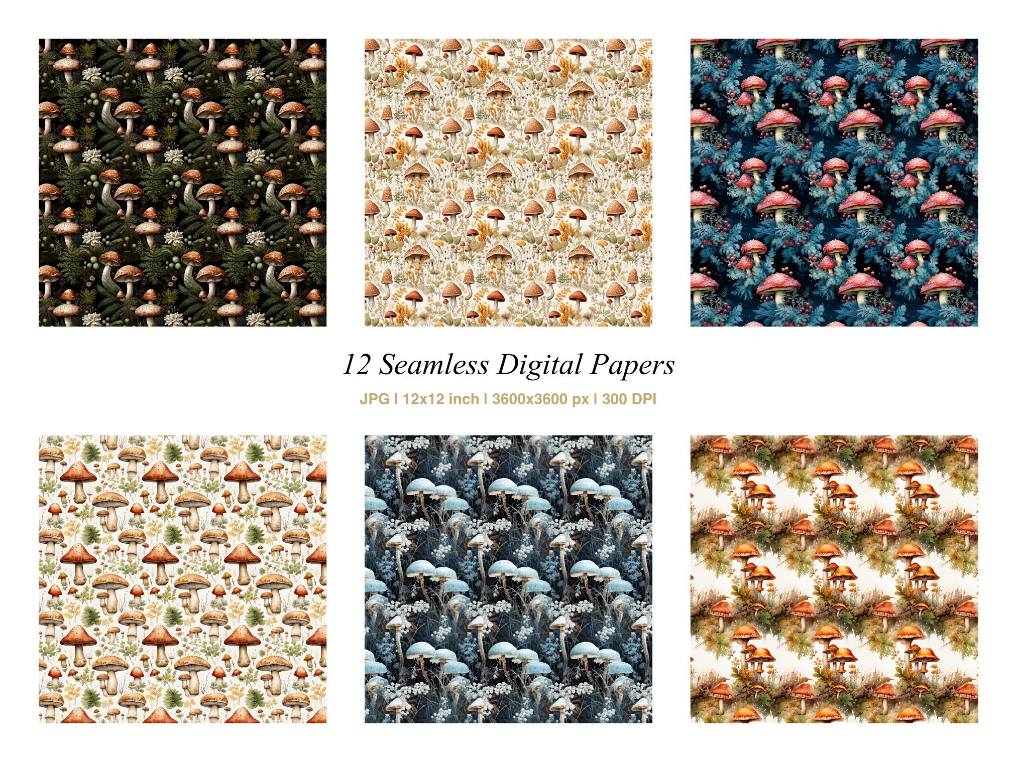 Mushrooms Seamless Pattern, Watercolor Shrooms Repeat Printable, Fungus ...