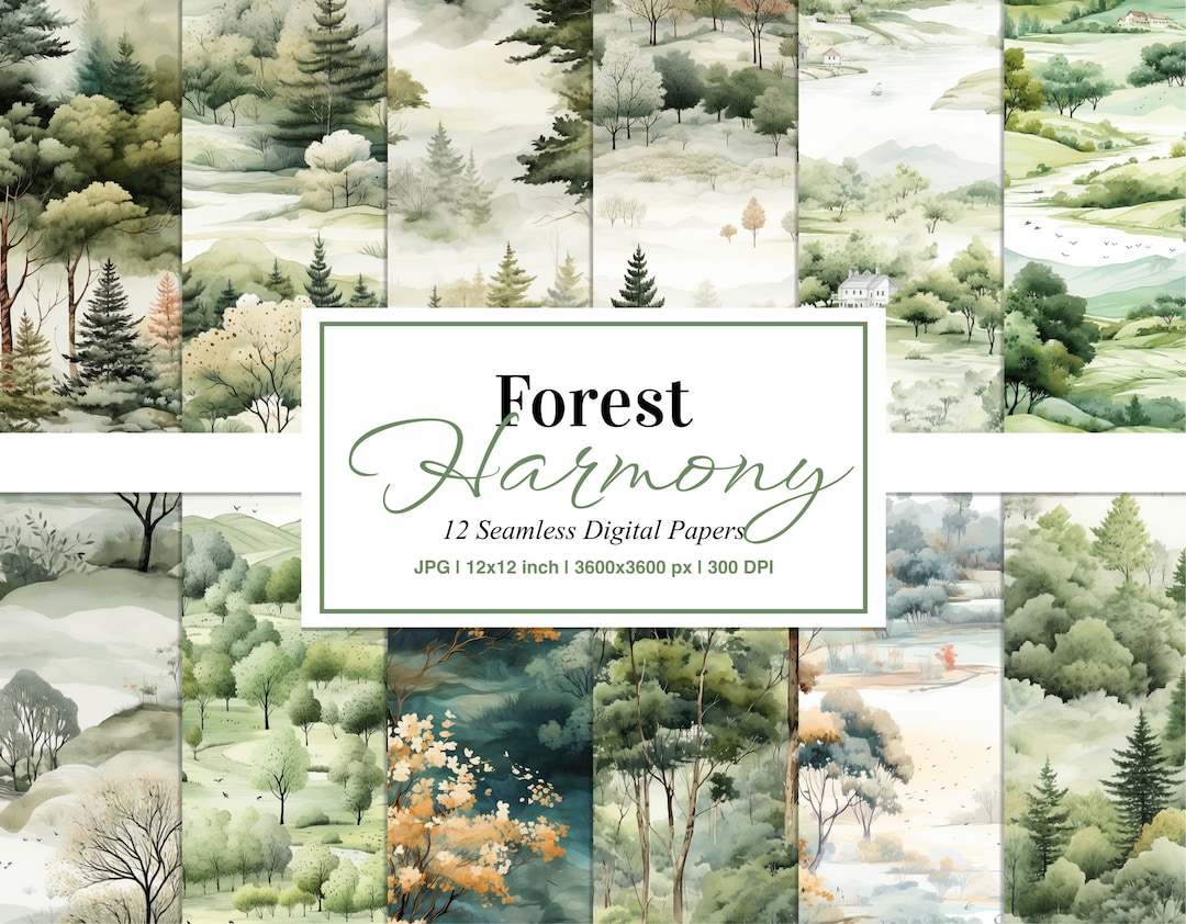 Forest Watercolor Seamless Patterns, Woodland Digital Paper, Green ...