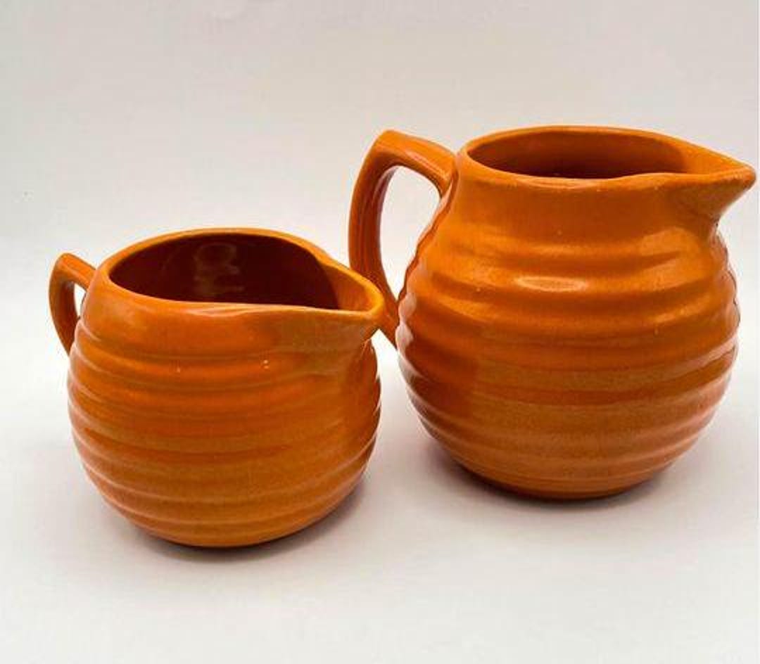 VINTAGE BAUER Pottery Orange Ringware Stoneware Pitcher/creamer C1930 4 ...