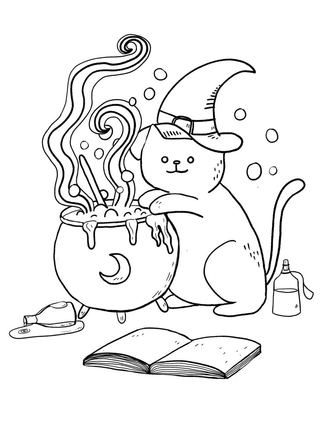 Witch Cat Halloween Adult Kids Coloring Page - Etsy