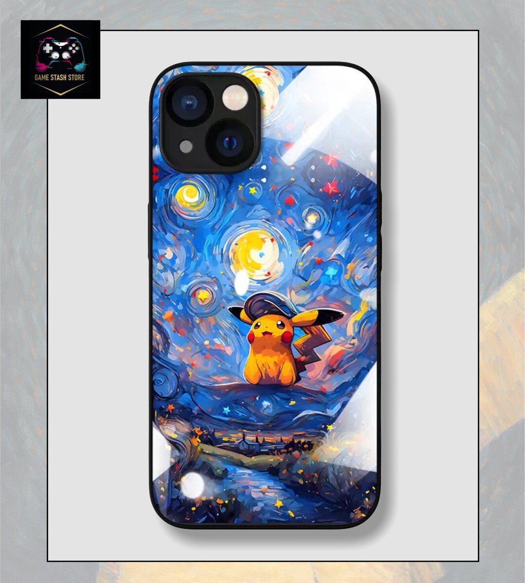 Pokemon Van Gogh Liquid Glass Phone Case Pikachu Moon Bathing - Etsy