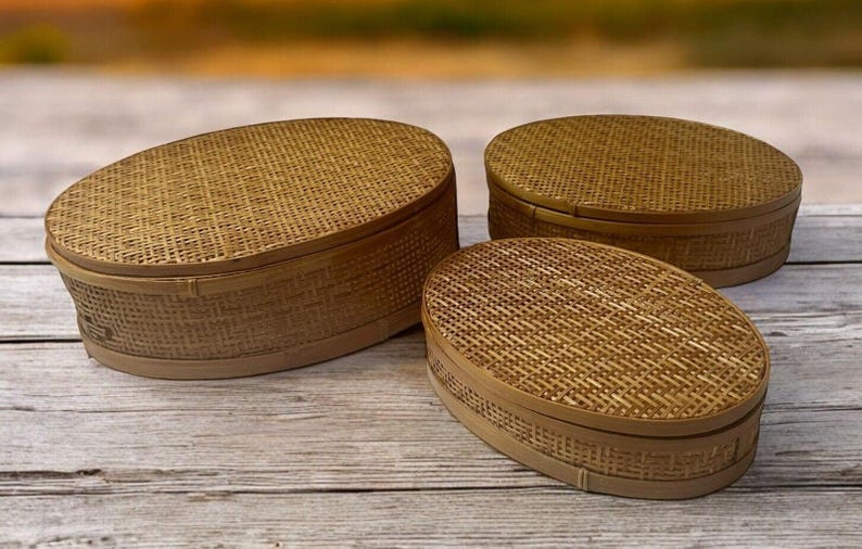 Vintage 3 Asian Woven Oval Nesting Boxes Lids Woven Rattan Reed SEE ALL ...