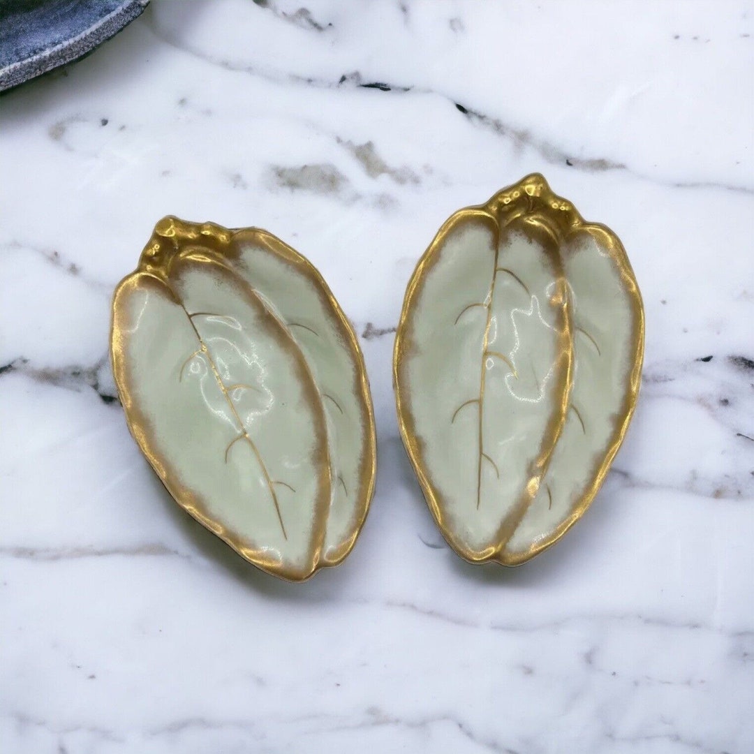 Rare Vintage SET OF 2 Gold and White Limoges Leaf Trivet Dish Porcelain ...