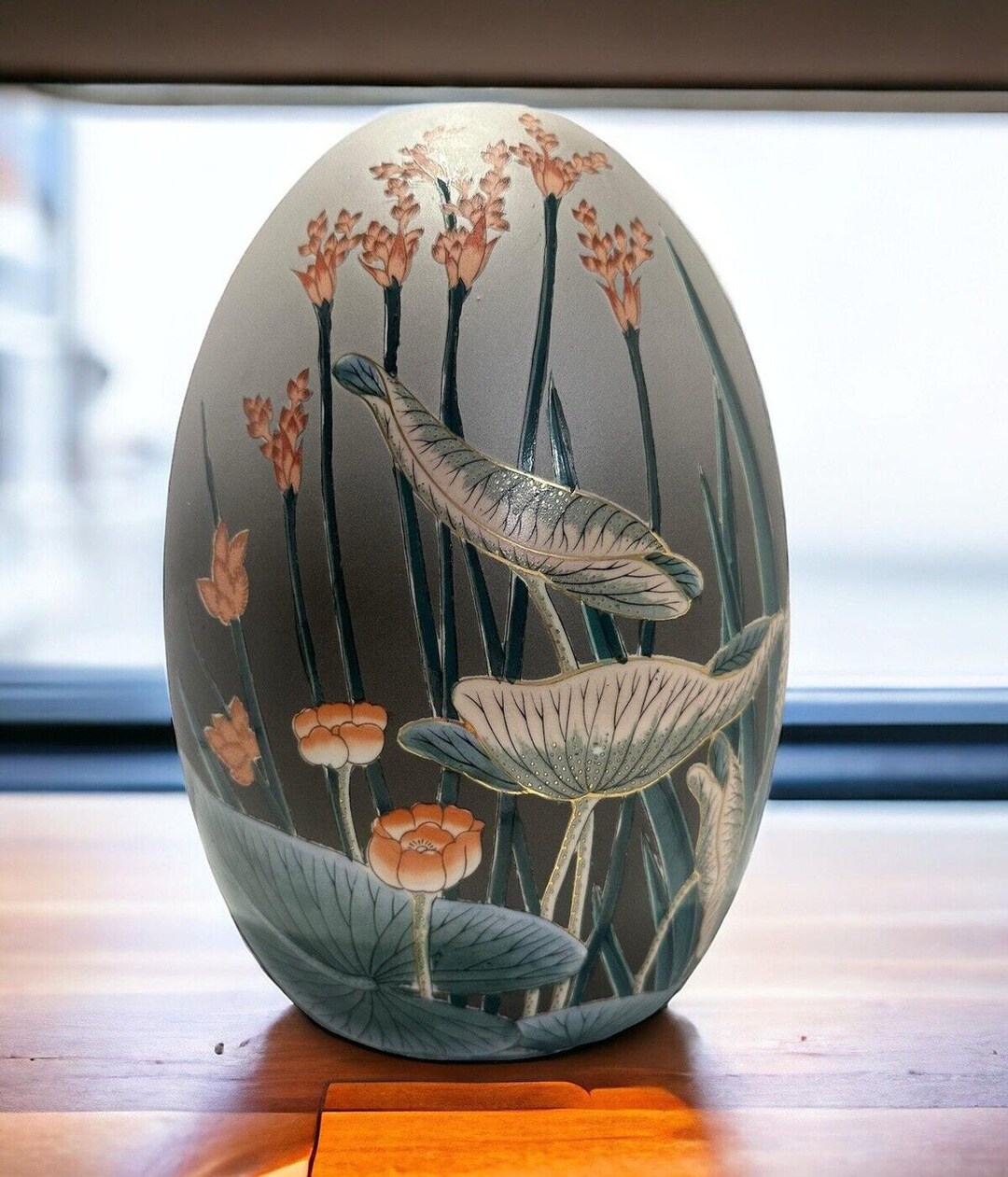 Vintage Toyo Chinese Foliage Red Flower Ginkgo Large Vase Made in Macau ...