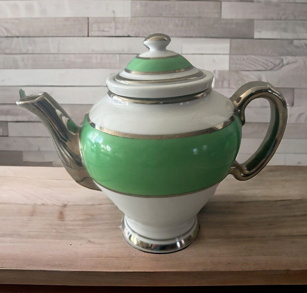 Vintage Hall Teapot Green Silver White 1960s Mccormick & Co. Banquet ...