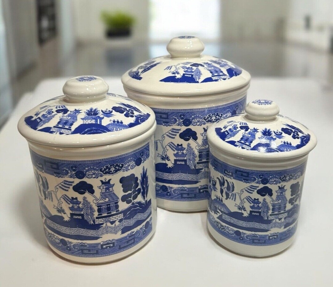 VTG Blue Willow Ceramic Transferware 3 Pc Canisters Jars Lid Set WHT ...