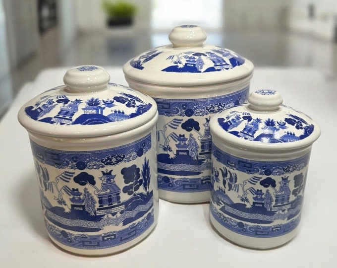 VTG Blue Willow Ceramic Transferware 3 Pc Canisters Jars Lid Set WHT ...