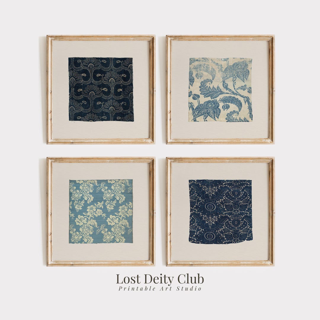 Vintage Textile Gallery Wall Set of 4 Square Art Prints, Antique Fabric ...