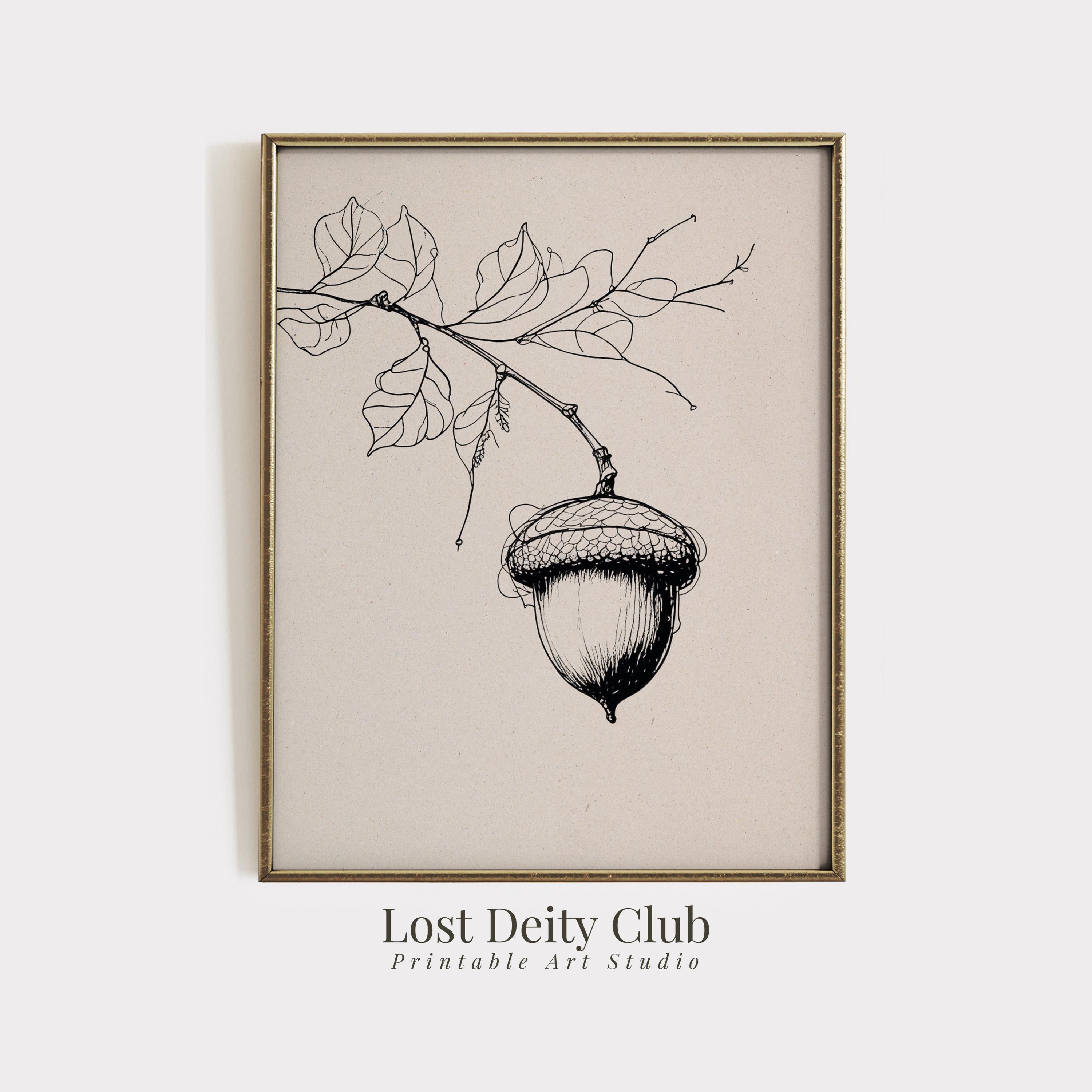 Vintage Acorn Sketch Print: Fall Botanical Wall Art Printable Oak Tree ...