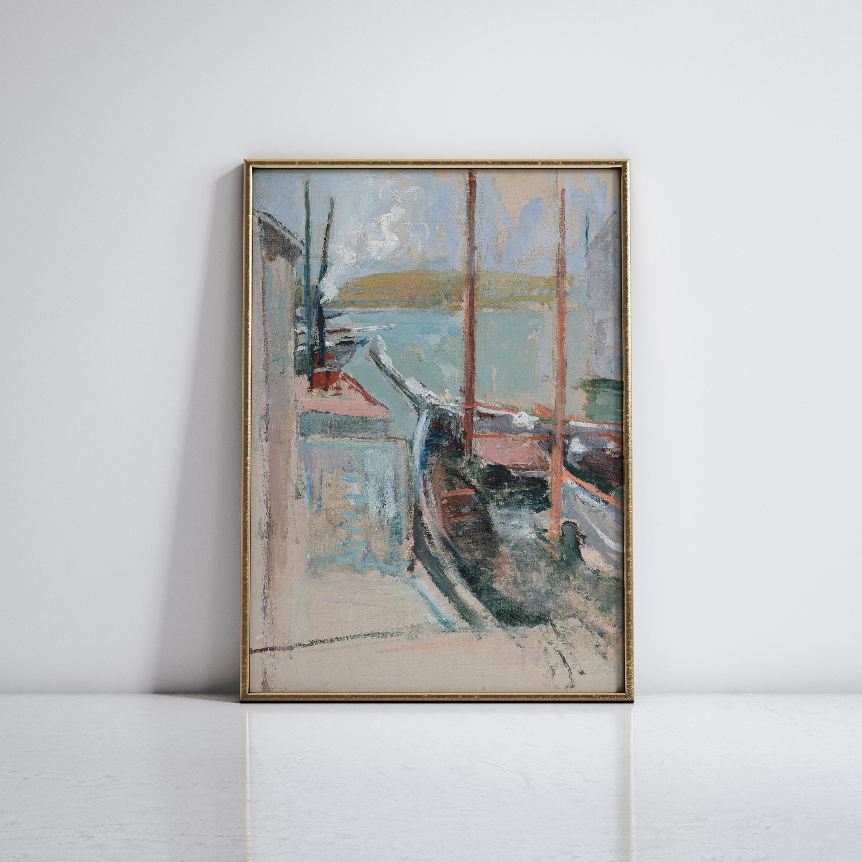 Vintage Sailboat Harbor Oil Painting: Coastal Printable Art (digital ...
