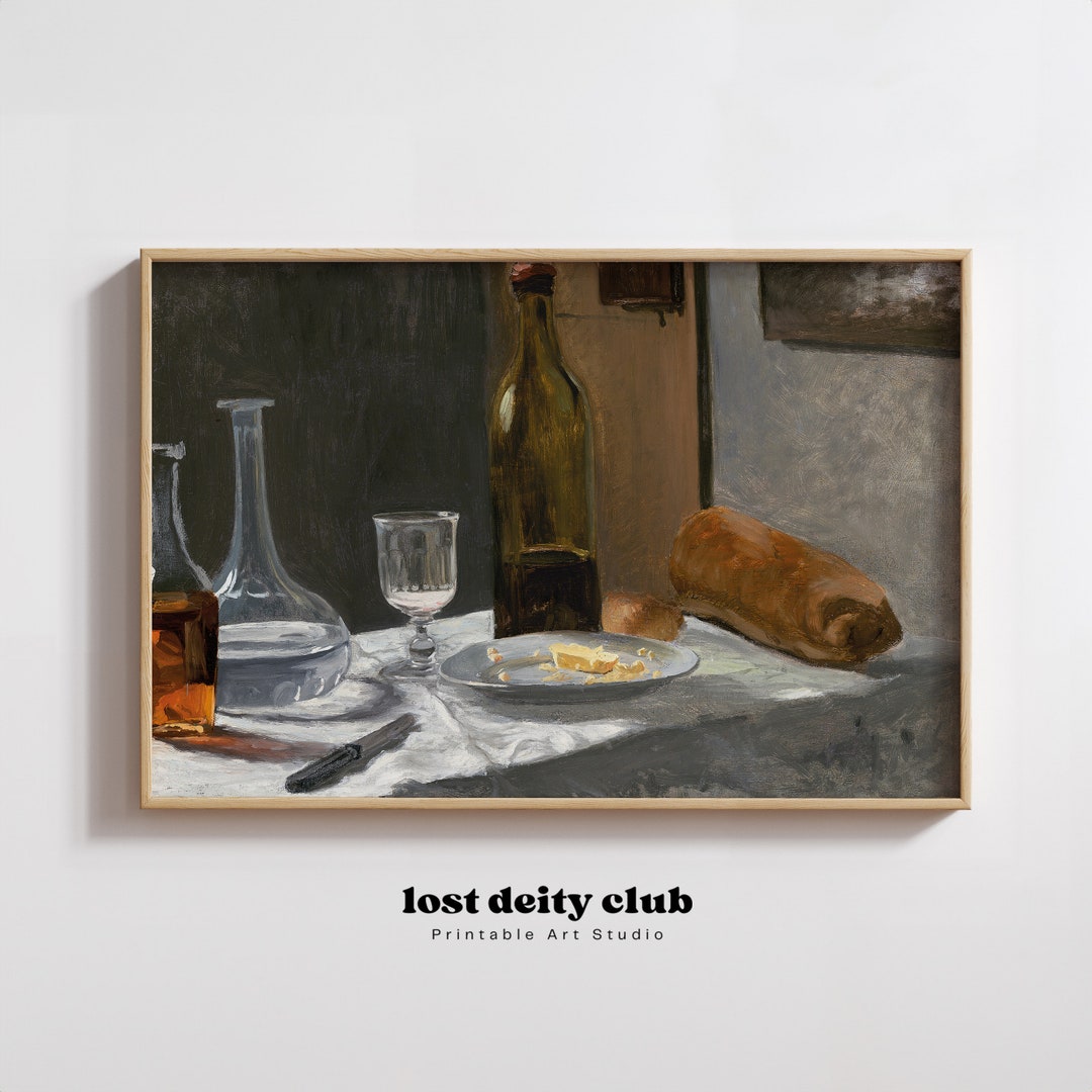 Claude Monet, Cheese and Wine Print, Moody Still Life Painting ...