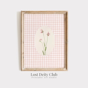 Pink Gingham Floral Art Prints Set of 3, Cottagecore Botanical Prints ...