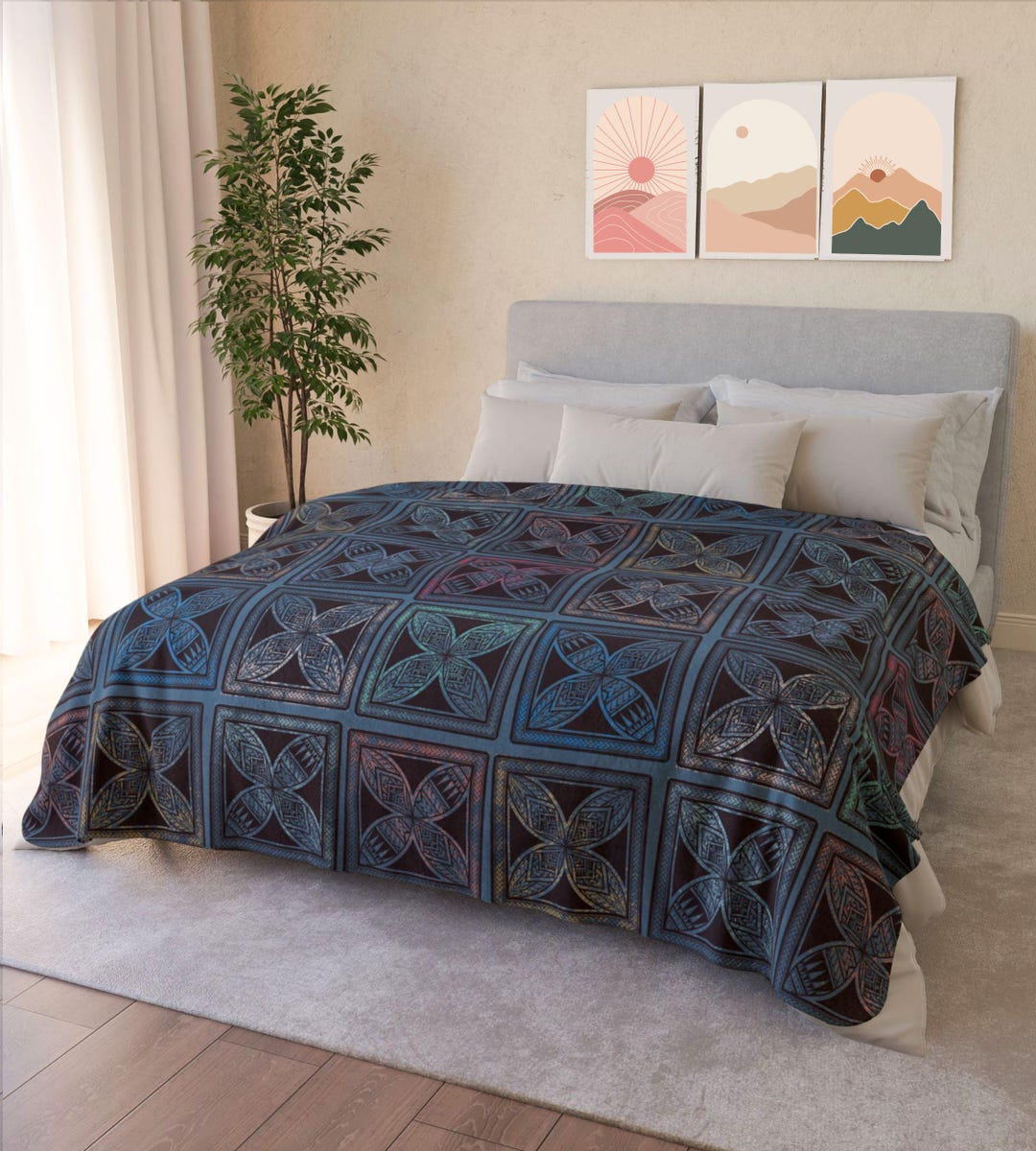 Ocean Blue Tapa Fleece Sherpa Blanket: Polynesian Art Throw - Etsy
