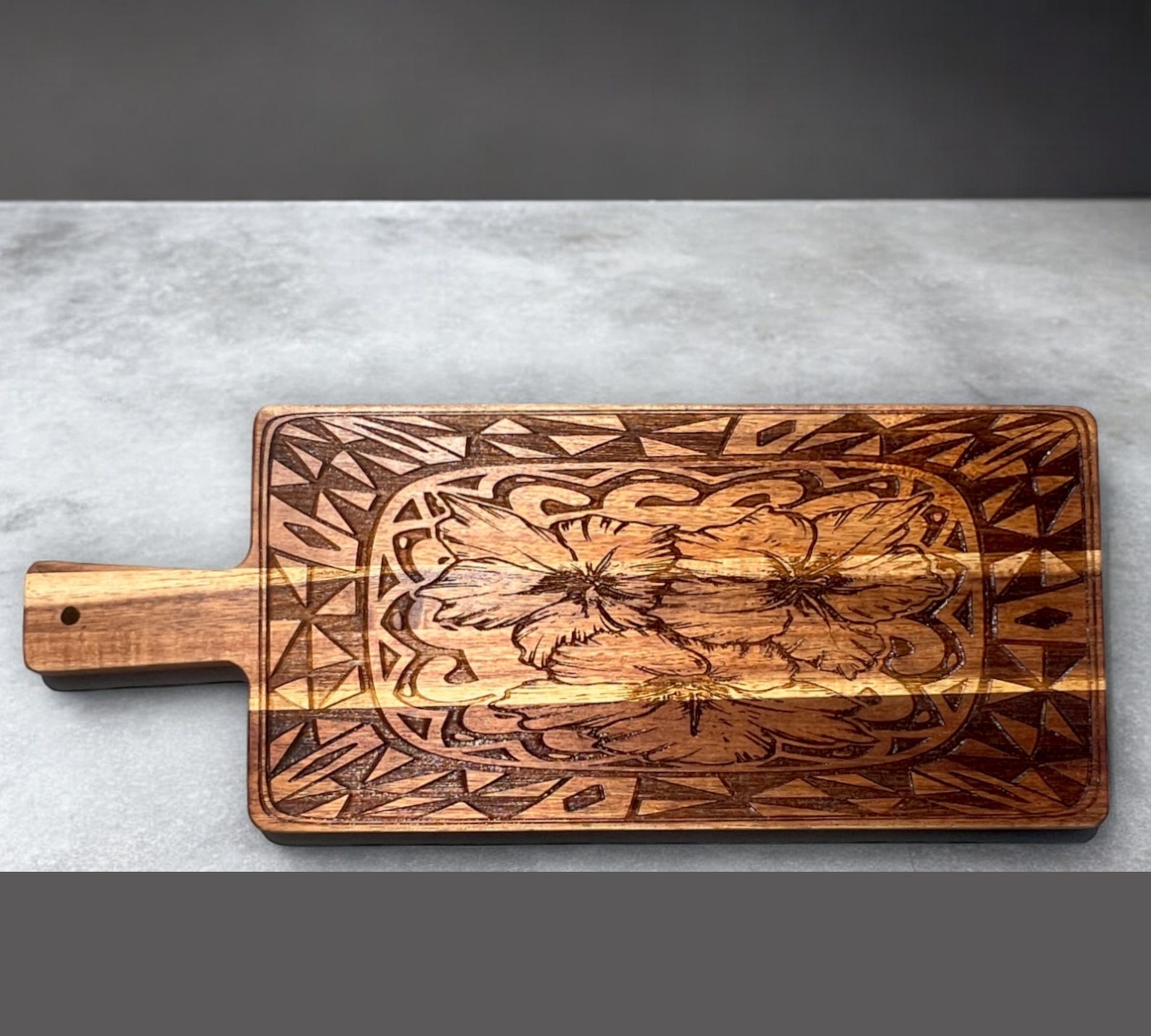 Polynesian Floral Acacia Wood Cutting Board: Engraved Serving Platter ...