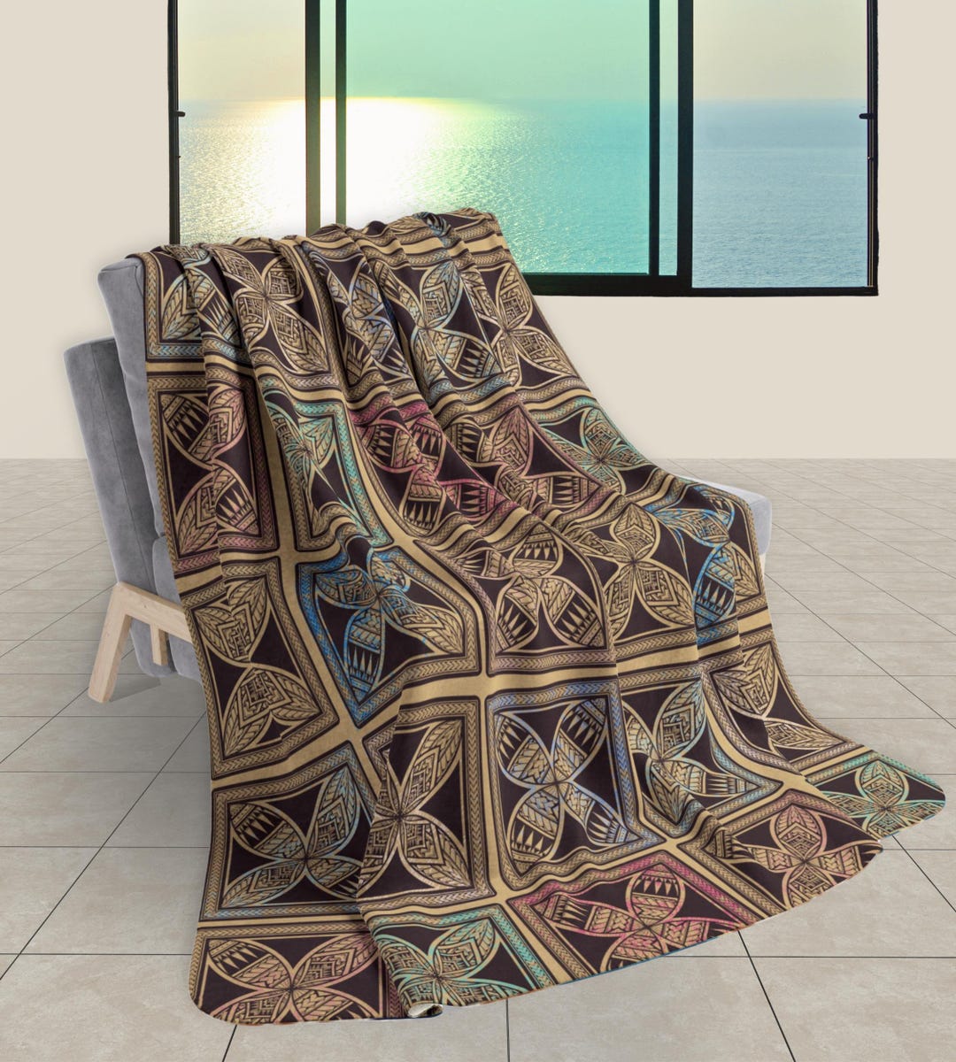 Gilded Tapa Squares Lush Fleece Sherpa Blanket, Polynesian Art Design ...
