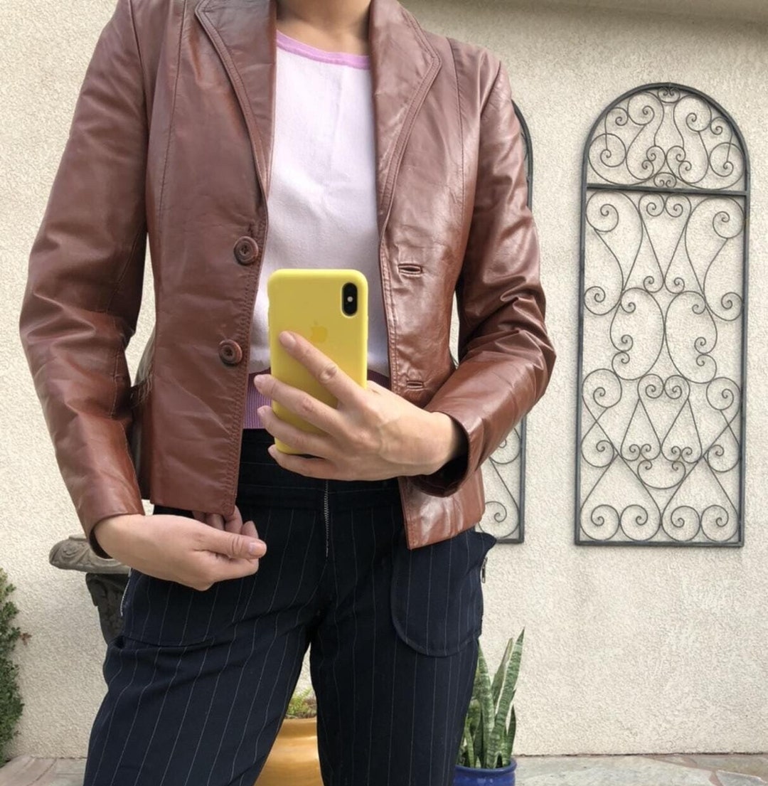 Women Leather Blazer Leather Jacket Brown 90s Vintage Slim Fit Casual ...