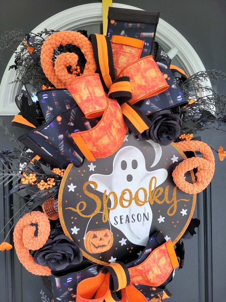 Halloween Ghost Swag: Black & Orange Front Door Decor - Etsy