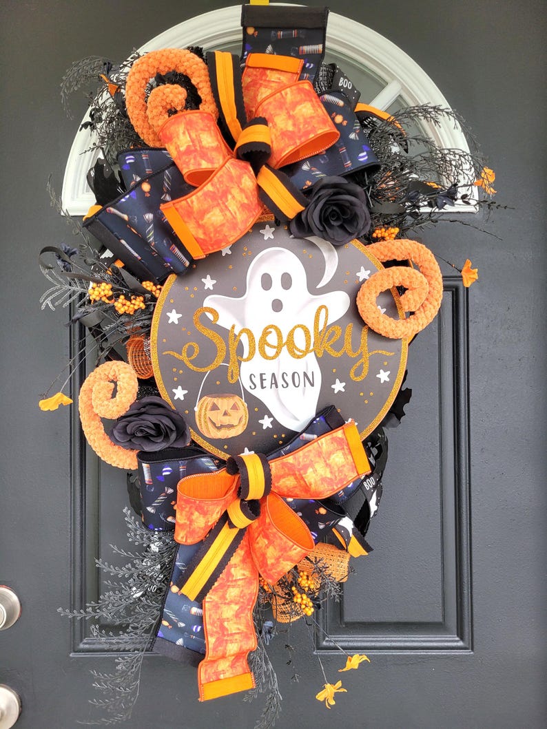 Halloween Ghost Swag: Black & Orange Front Door Decor - Etsy