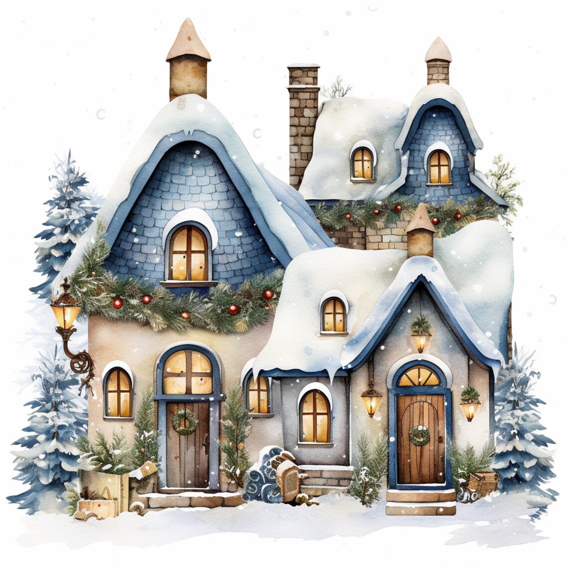 9 Christmas Card Clipart, Winter Houses Card, Printable Watercolor ...