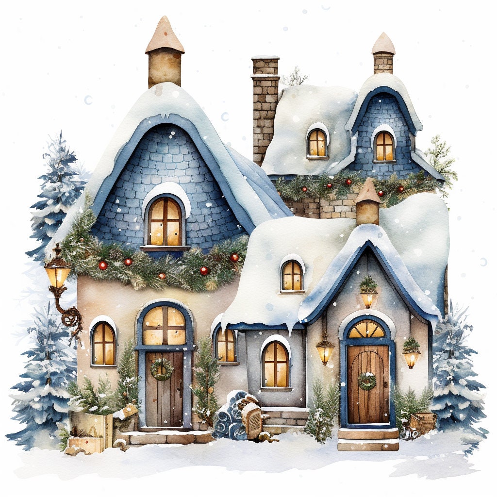 9 Christmas Card Clipart, Winter Houses Card, Printable Watercolor ...