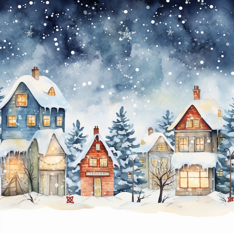 9 Christmas Card Clipart, Winter Houses Card, Printable Watercolor ...