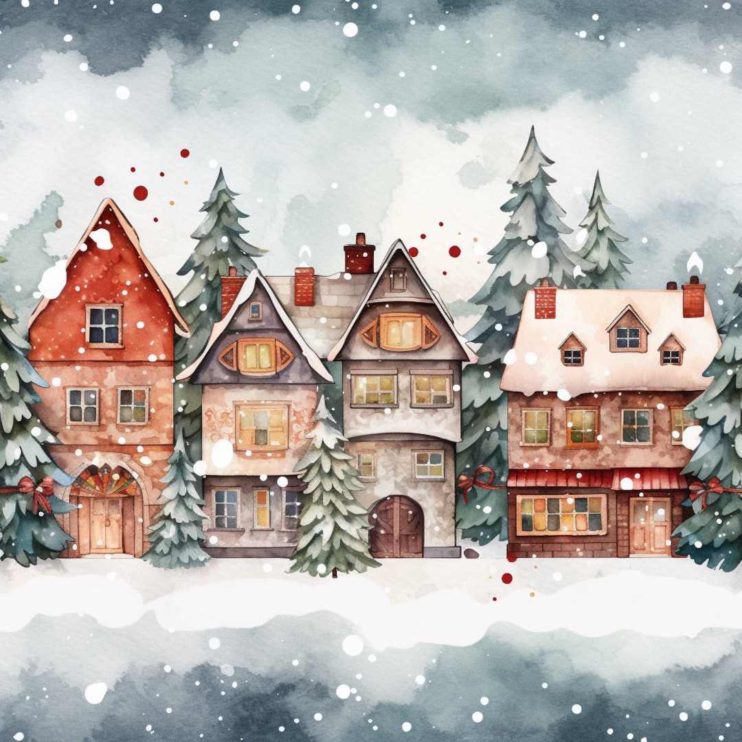 9 Christmas Card Clipart, Winter Houses Card, Printable Watercolor ...