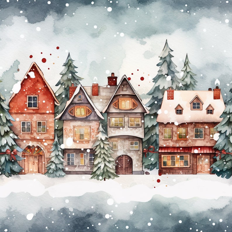 9 Christmas Card Clipart, Winter Houses Card, Printable Watercolor ...