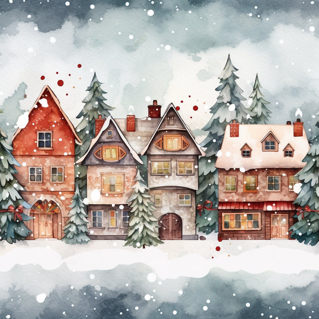 9 Christmas Card Clipart, Winter Houses Card, Printable Watercolor ...