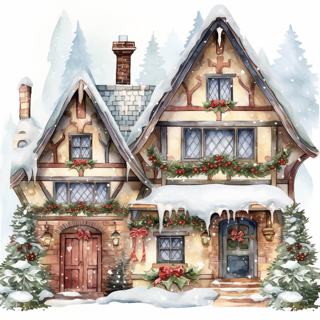 9 Christmas Card Clipart, Winter Houses Card, Printable Watercolor ...