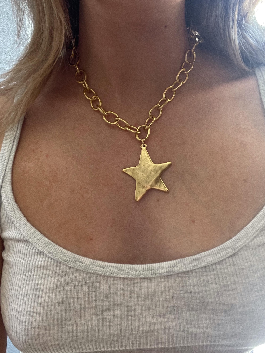 16 Antiqued Gold Charm Necklace / Chunky Charm Necklace / Star Charm ...