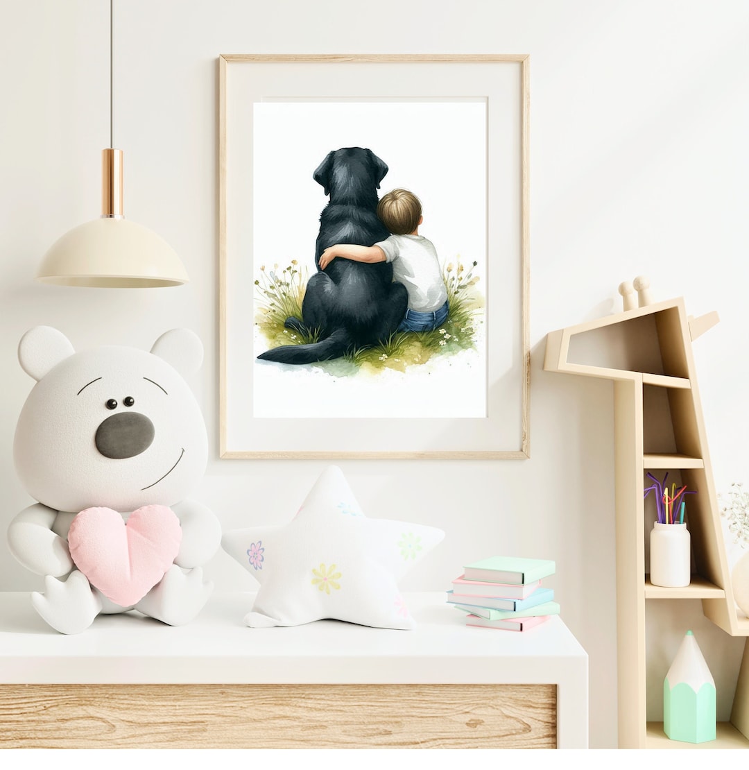 Boy and Lab Nursery Print, Black Labrador Baby Boy Wall Art, Watercolor ...