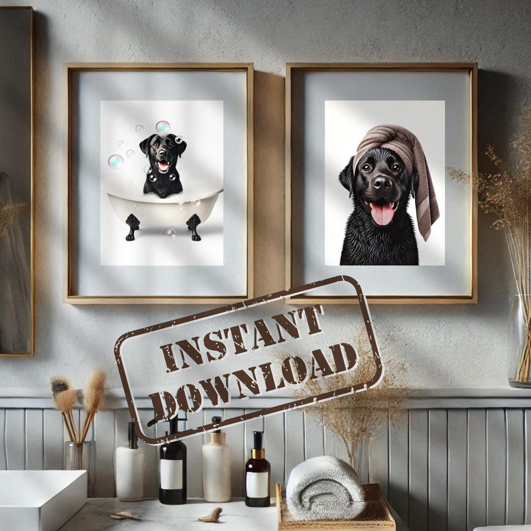 Black Lab in Bathroom Print Set of Two PRINTABLE Black Labrador Funny ...