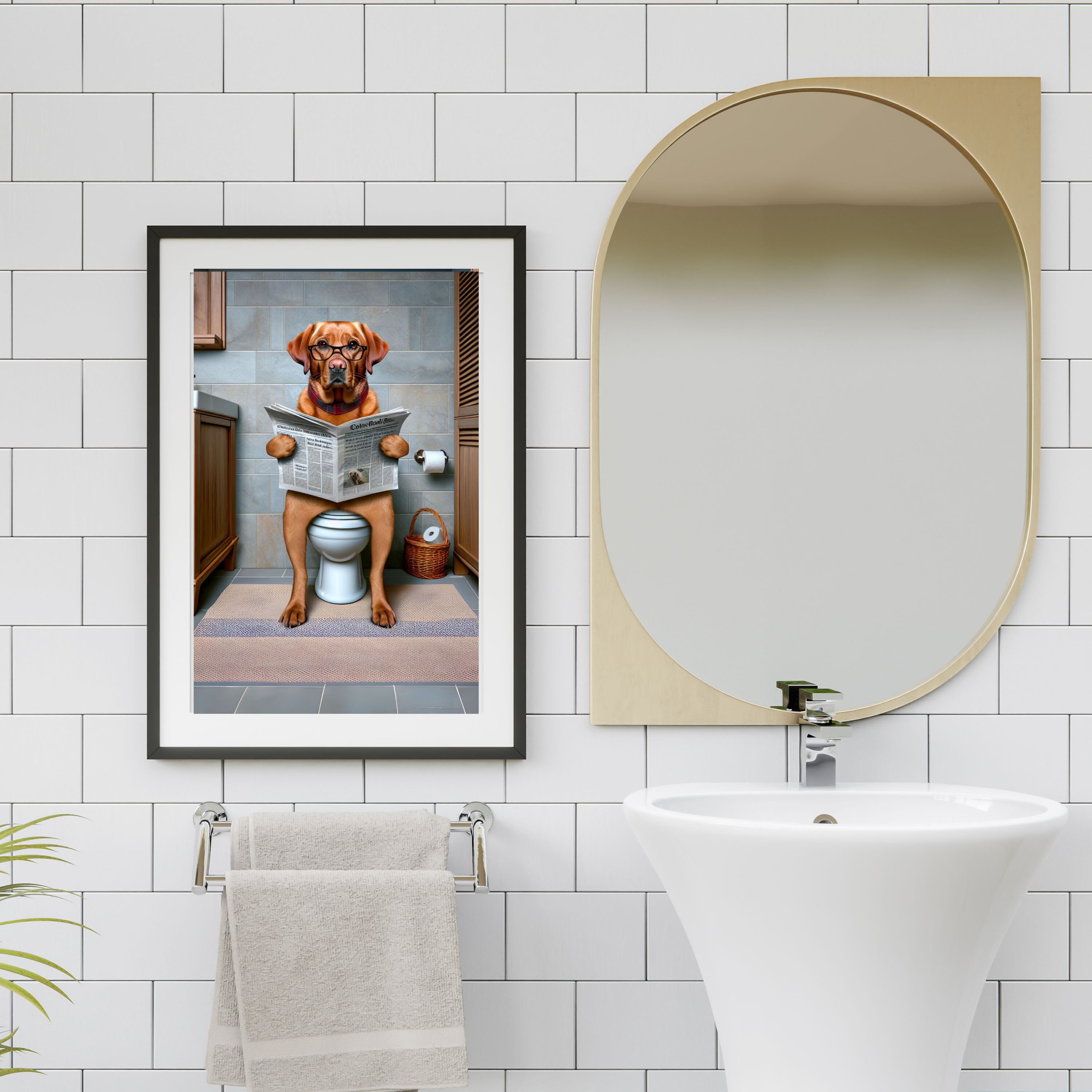 Fox Red Lab Reading Newspaper on Toilet Bathroom Humor Poster Print Fox ...