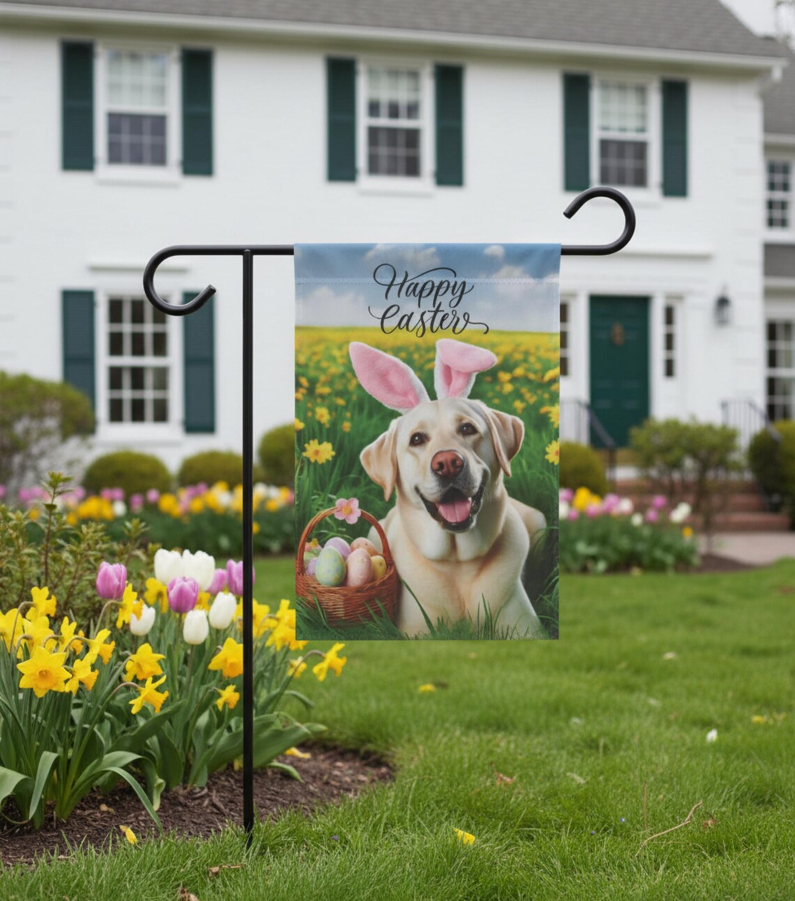 Yellow Labrador Garden Flag - Easter Bunny Happy Easter Yellow Lab ...