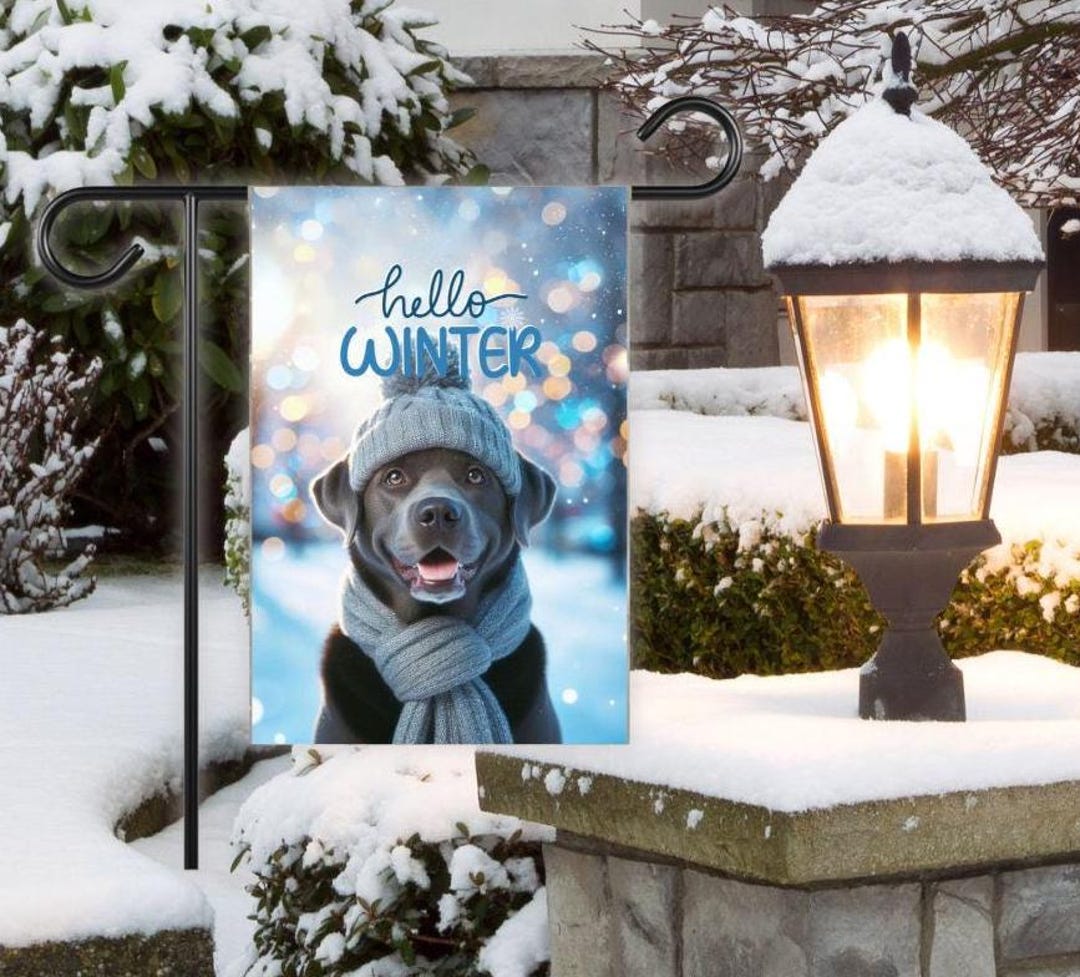 Charcoal Labrador Flag, Hello Winter Home Flag, Cute Charcoal Lab ...