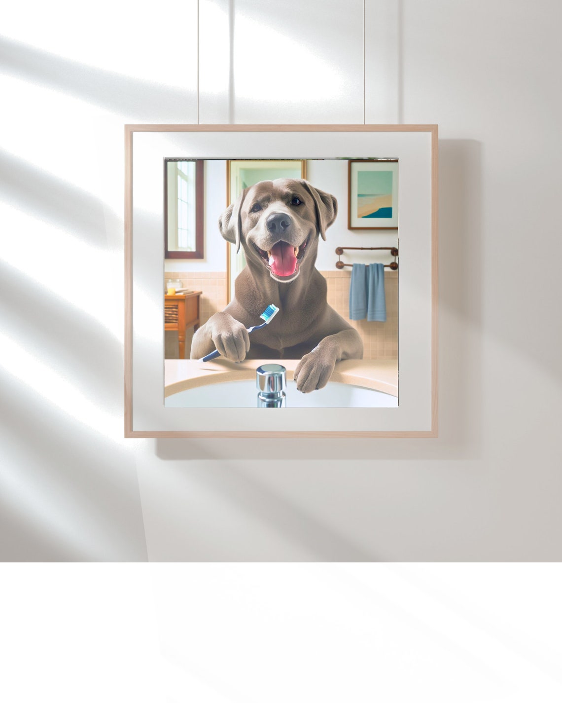 Funny Silver Lab Brushing Teeth Bathroom Poster Print, Labrador Wall ...