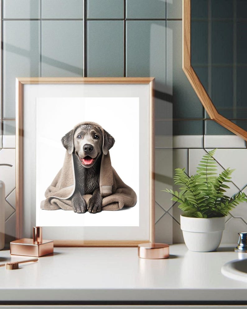 Silver Lab in Bathroom Print PRINTABLE Silver Labrador Funny Dog Bath ...