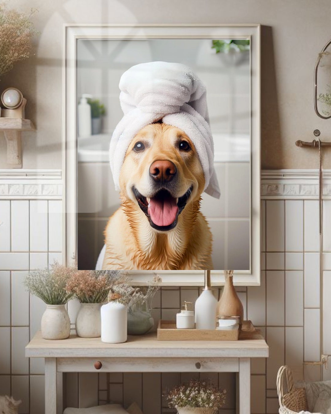 Yellow Lab With Towel on Head in Bathroom Lab Towel Poster Print Yellow ...