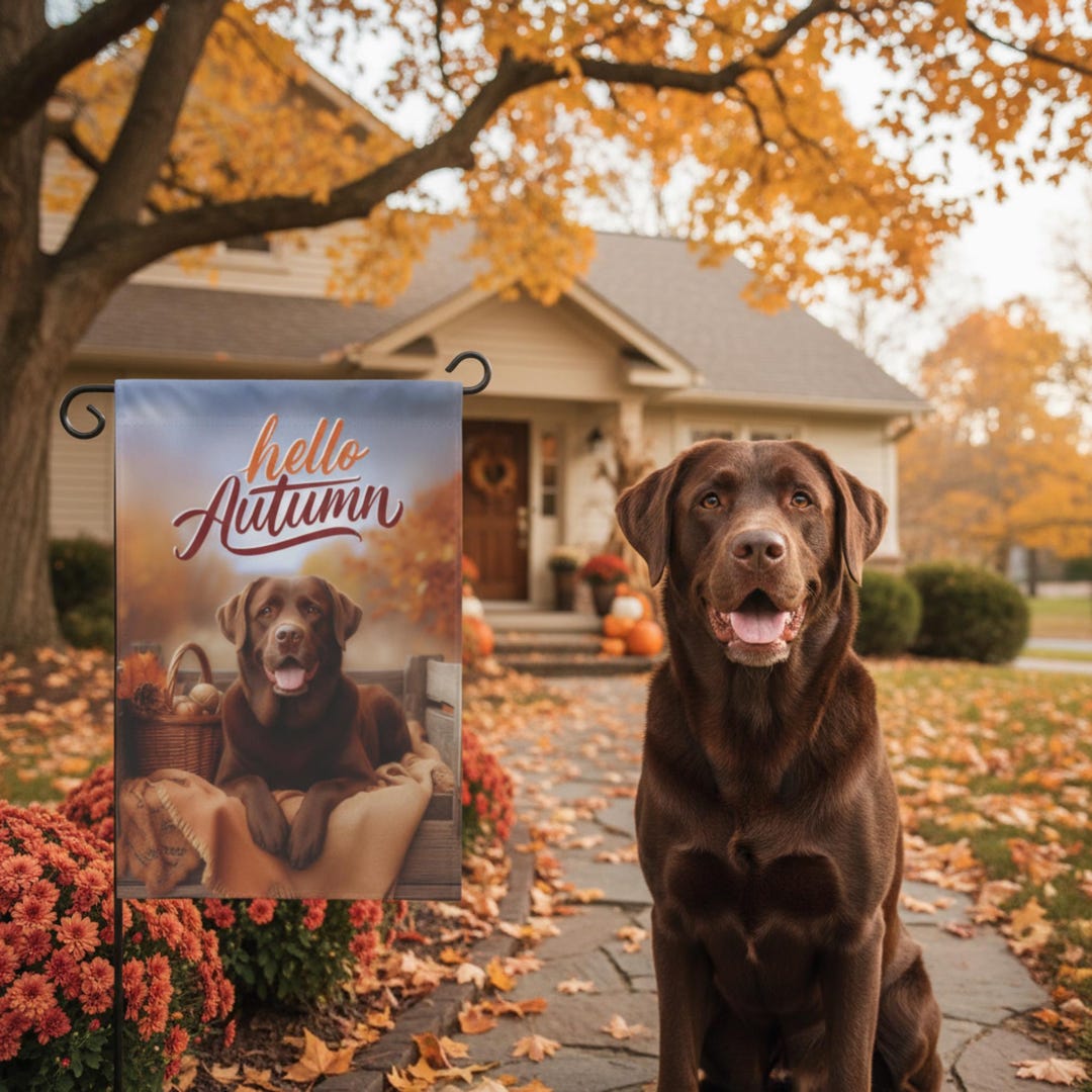 Chocolate Lab Flag, Hello Autumn Flag, Lab Outdoor Yard Garden Flag ...