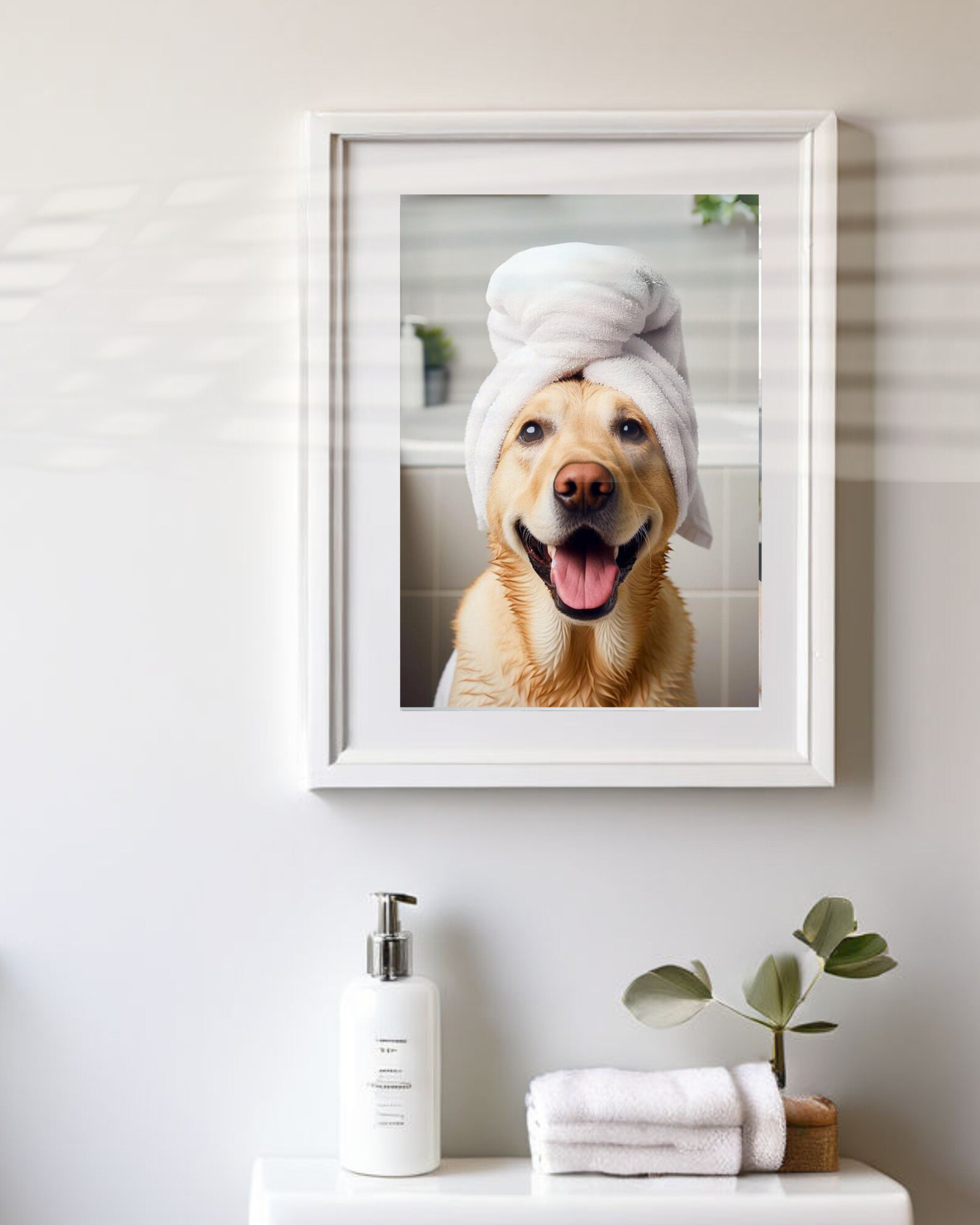 Yellow Lab With Towel on Head in Bathroom Lab Towel Poster Print ...