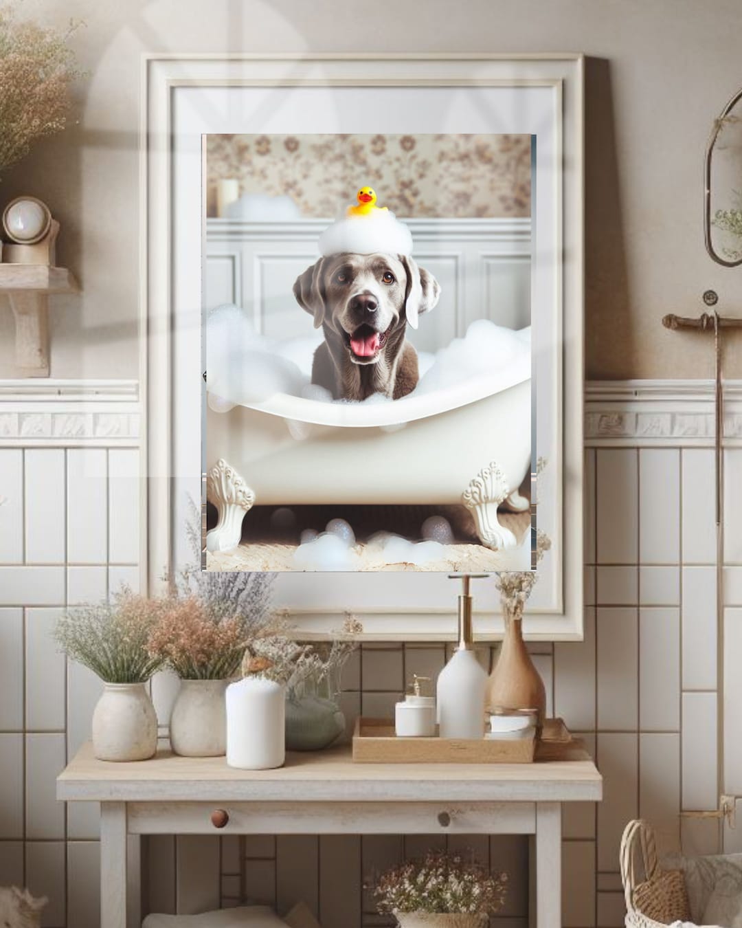 Silver Lab Bathroom in the Tub With a Rubber Ducky Poster Print Silver ...