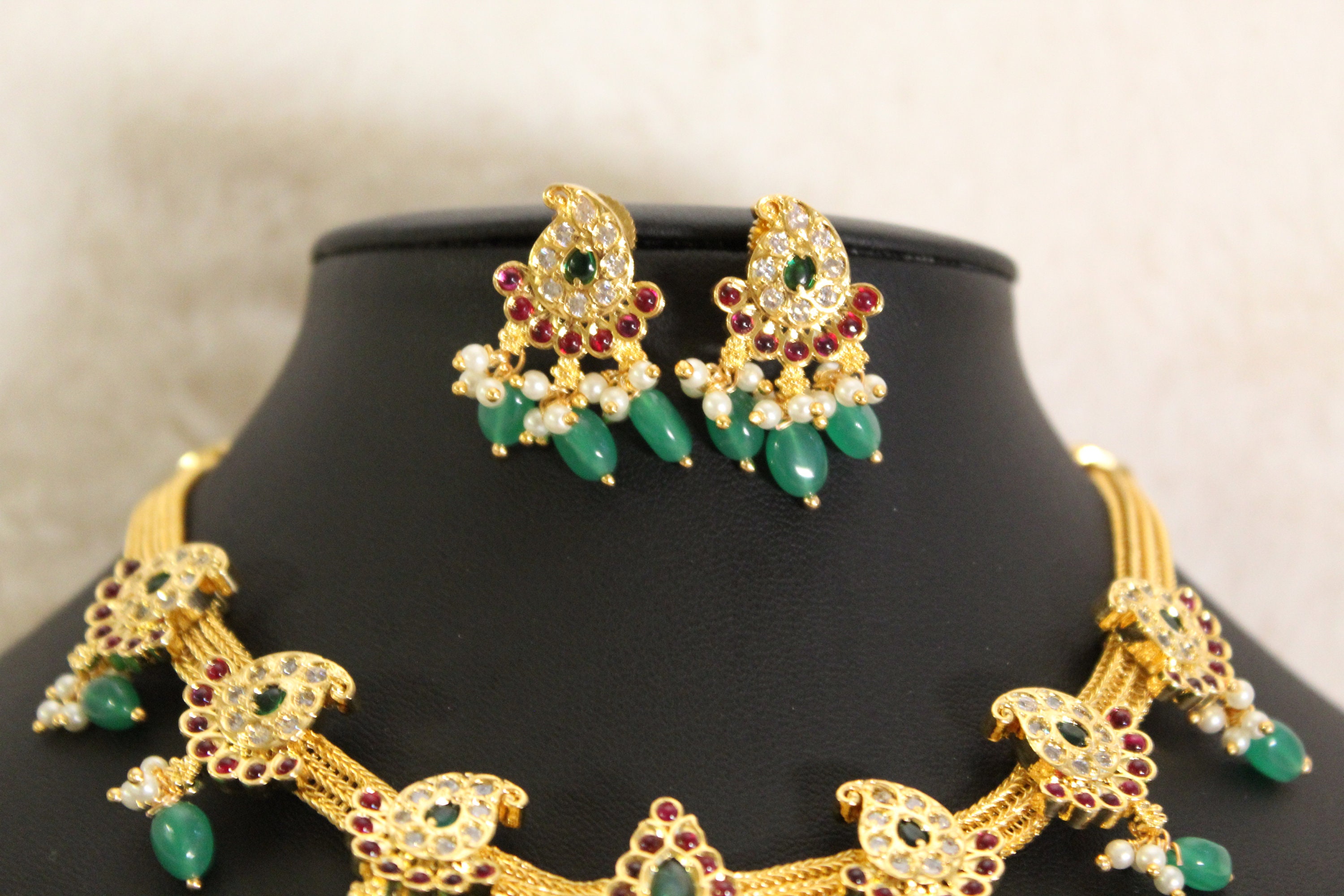 Weaved Choker With Ruby-green/gold Jewelry/short Haram/south Indian Jewelry/indian Necklace/gold ...