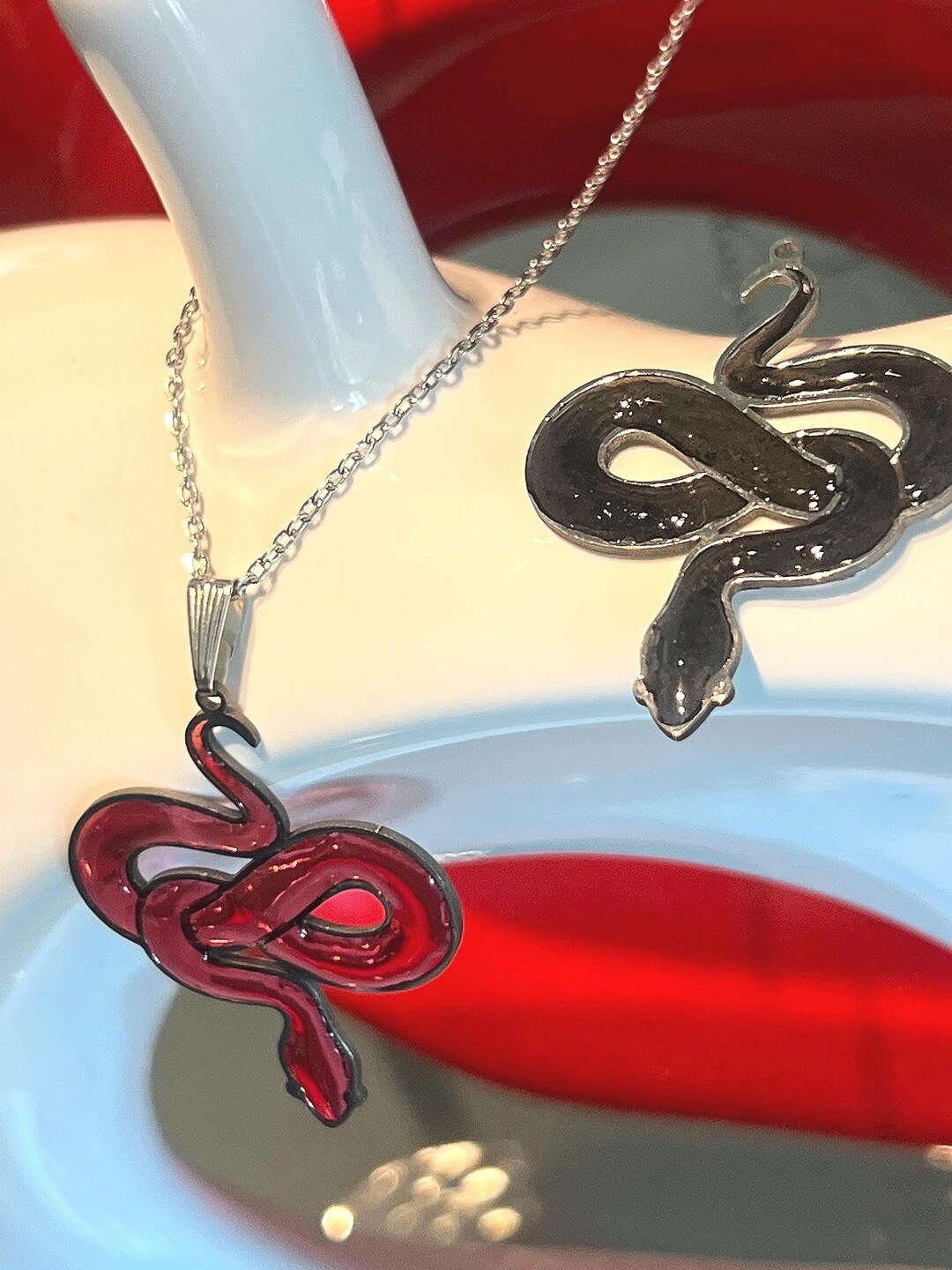 Snakes, Elegant Stainless Steel Chain With Black or Red Snake Pendant ...