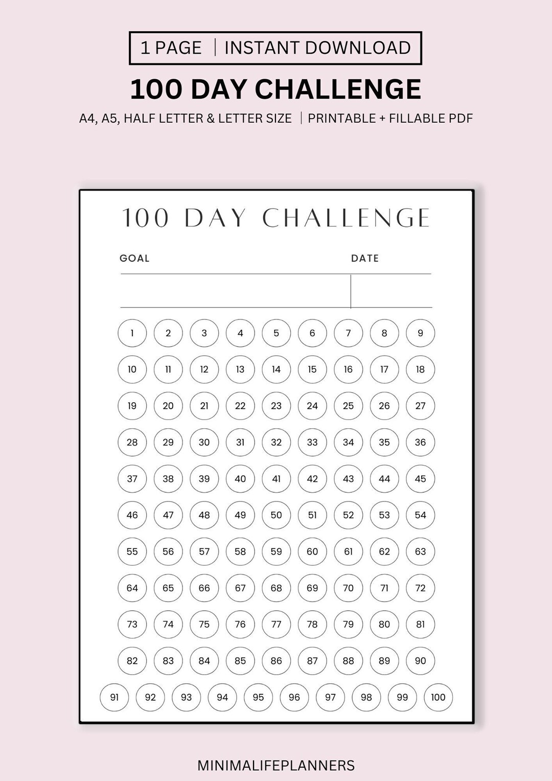 100 Day Challenge Goal Setting Progress Tracker Habit - Etsy