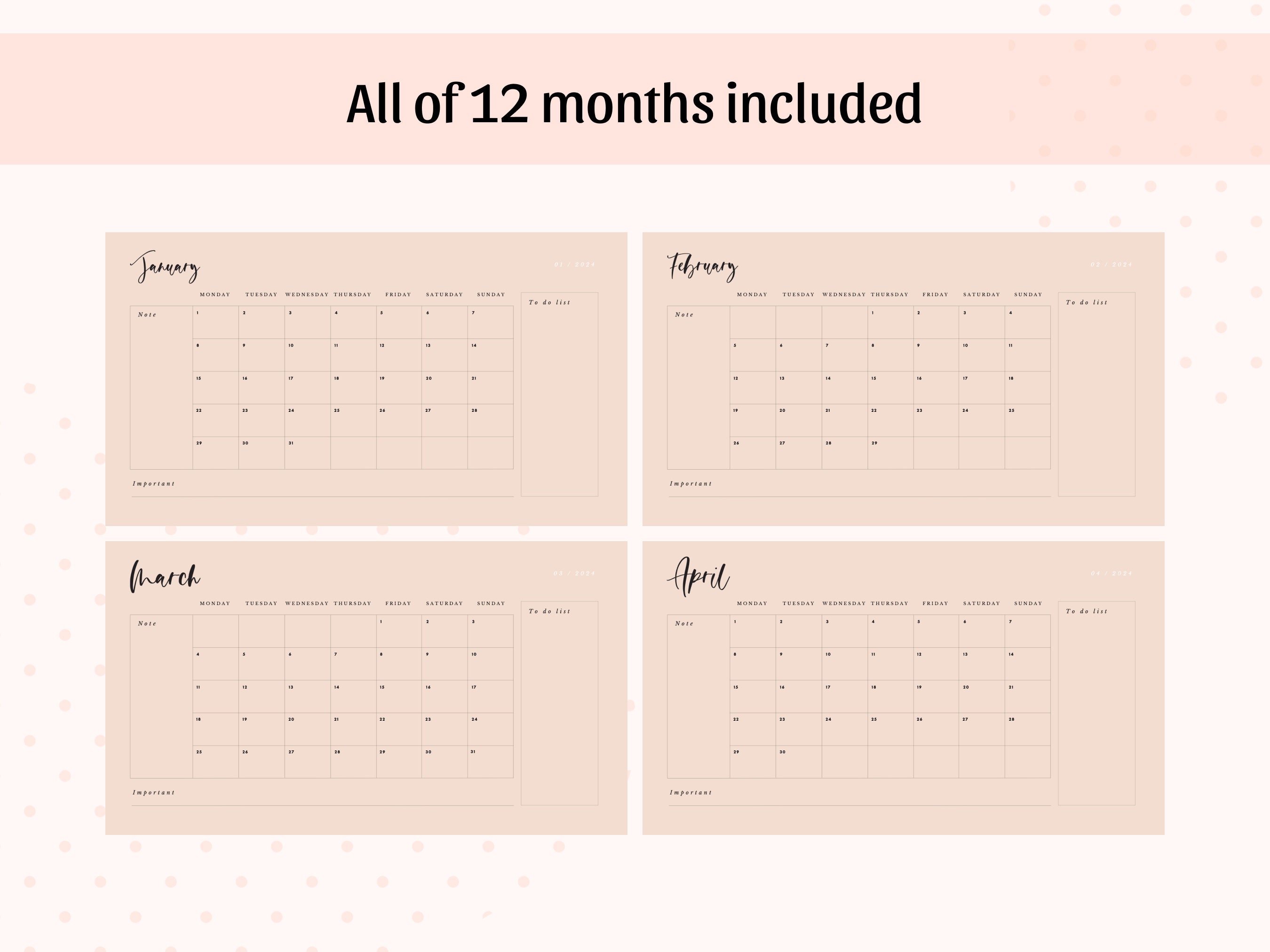 2024 Printable Minimalistic Calendar A4 - Etsy