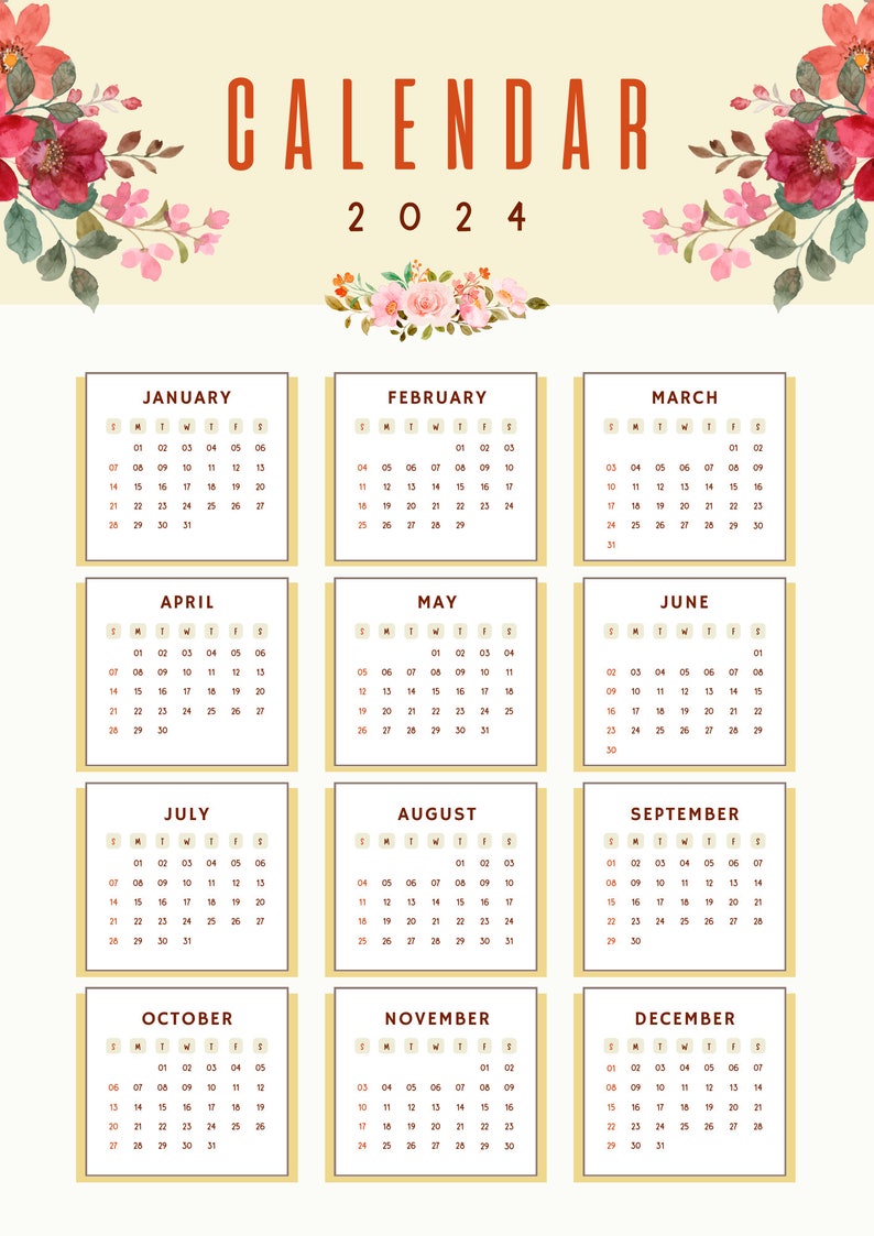 2024 Printable Flowers Calendar A4 - Etsy
