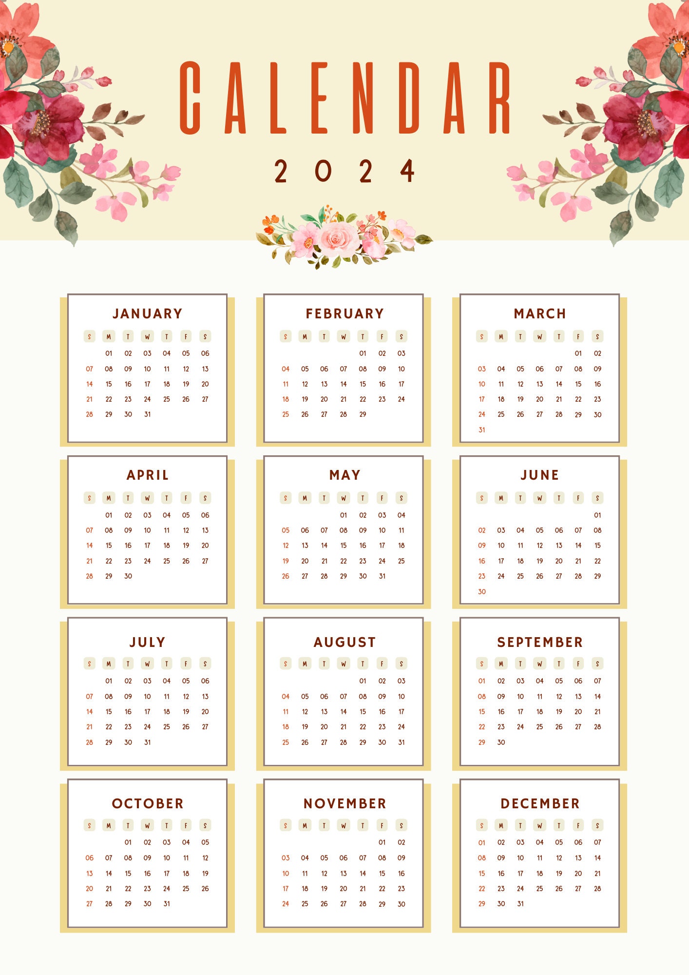 2024 Printable Flowers Calendar A4 - Etsy