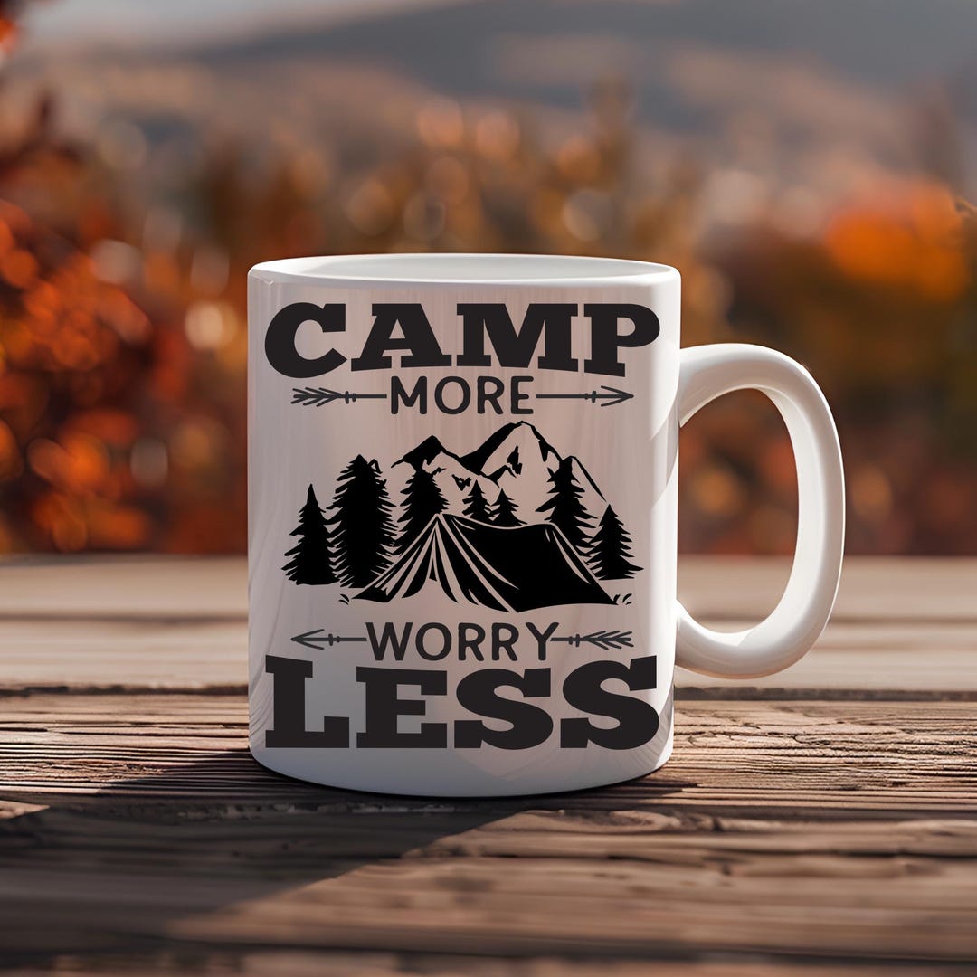 Camp More Worry Less Mug - Tent, Mountain & Pine Tree Coffee Cup ...