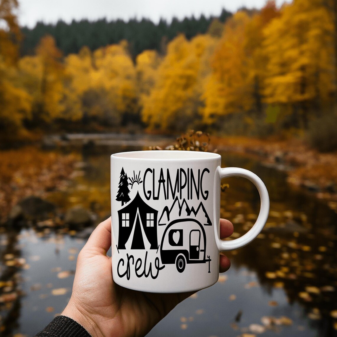 Glamping Crew Mug – Camper Trailer & Tent Coffee Cup With Pine Trees ...