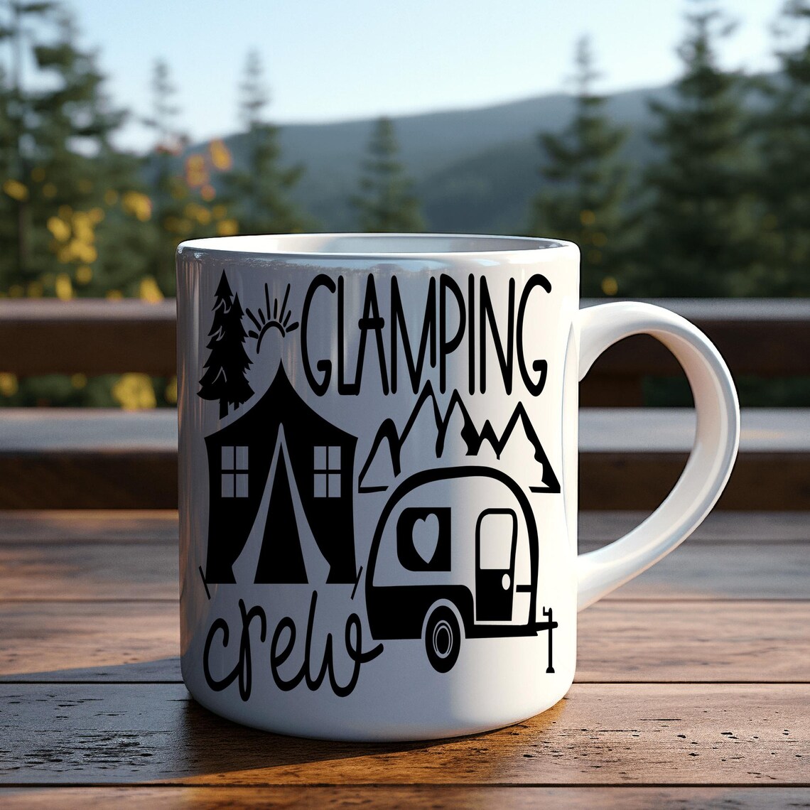 Glamping Crew Mug – Camper Trailer & Tent Coffee Cup With Pine Trees ...
